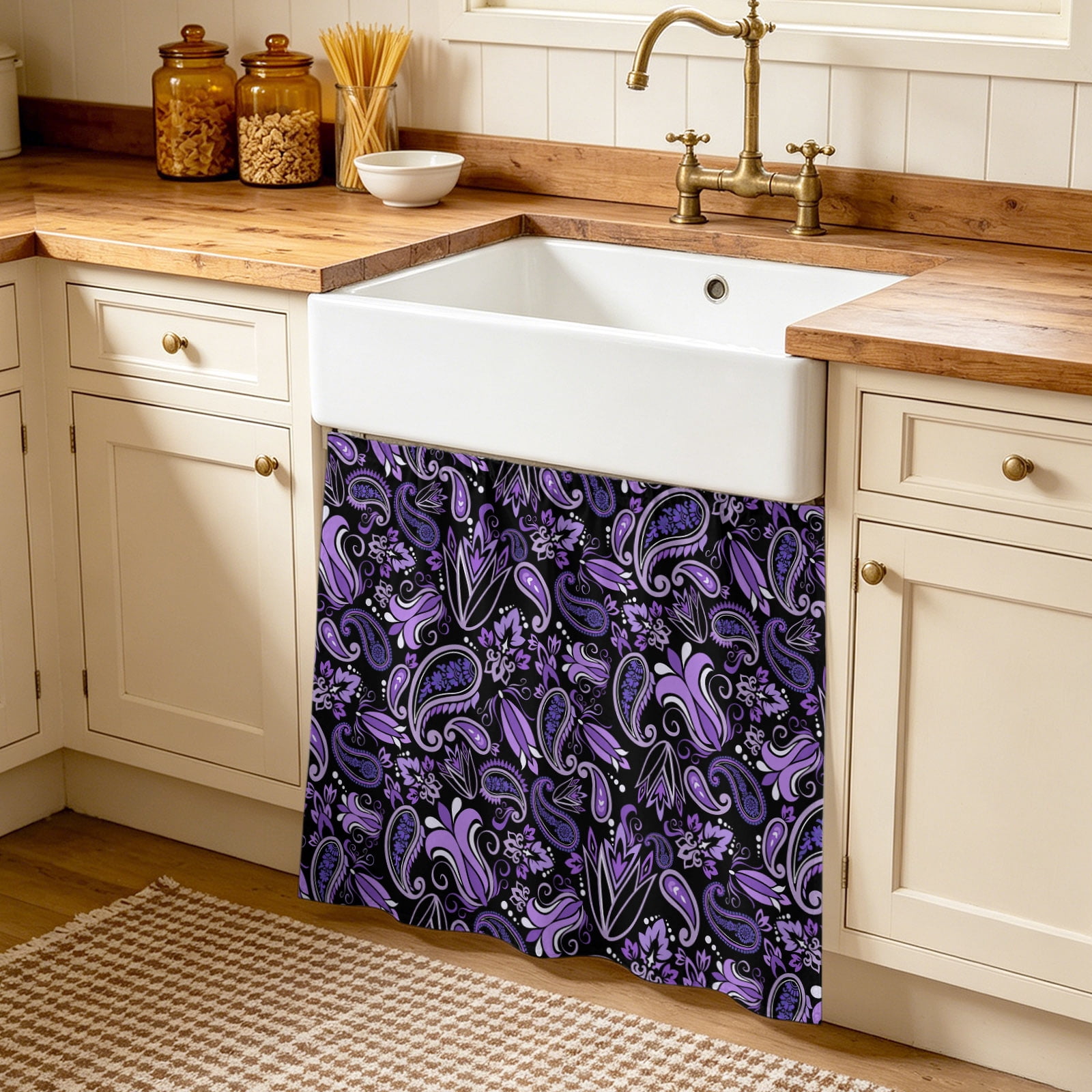 Boho Purple Floral Cabinet Curtains 35"W x 35"L, Farmhouse Botanical ...