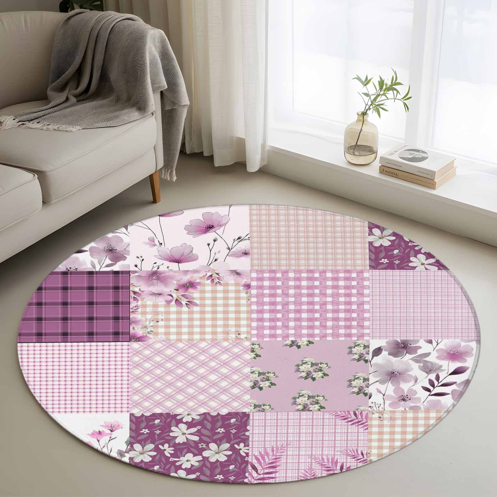 Boho Purple Flowers Round Area Rug 4Ft Washable Circle Rugs for Bedroom ...