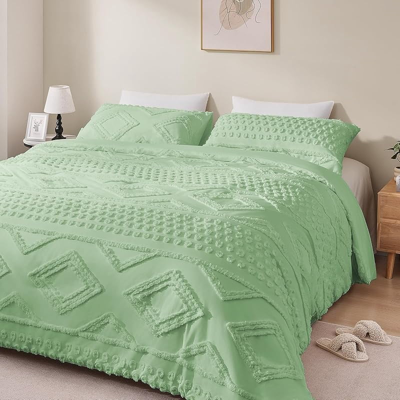Boho Queen Comforter Set Sage Green with Sheets, 3 Pieces Tufted Queen ...