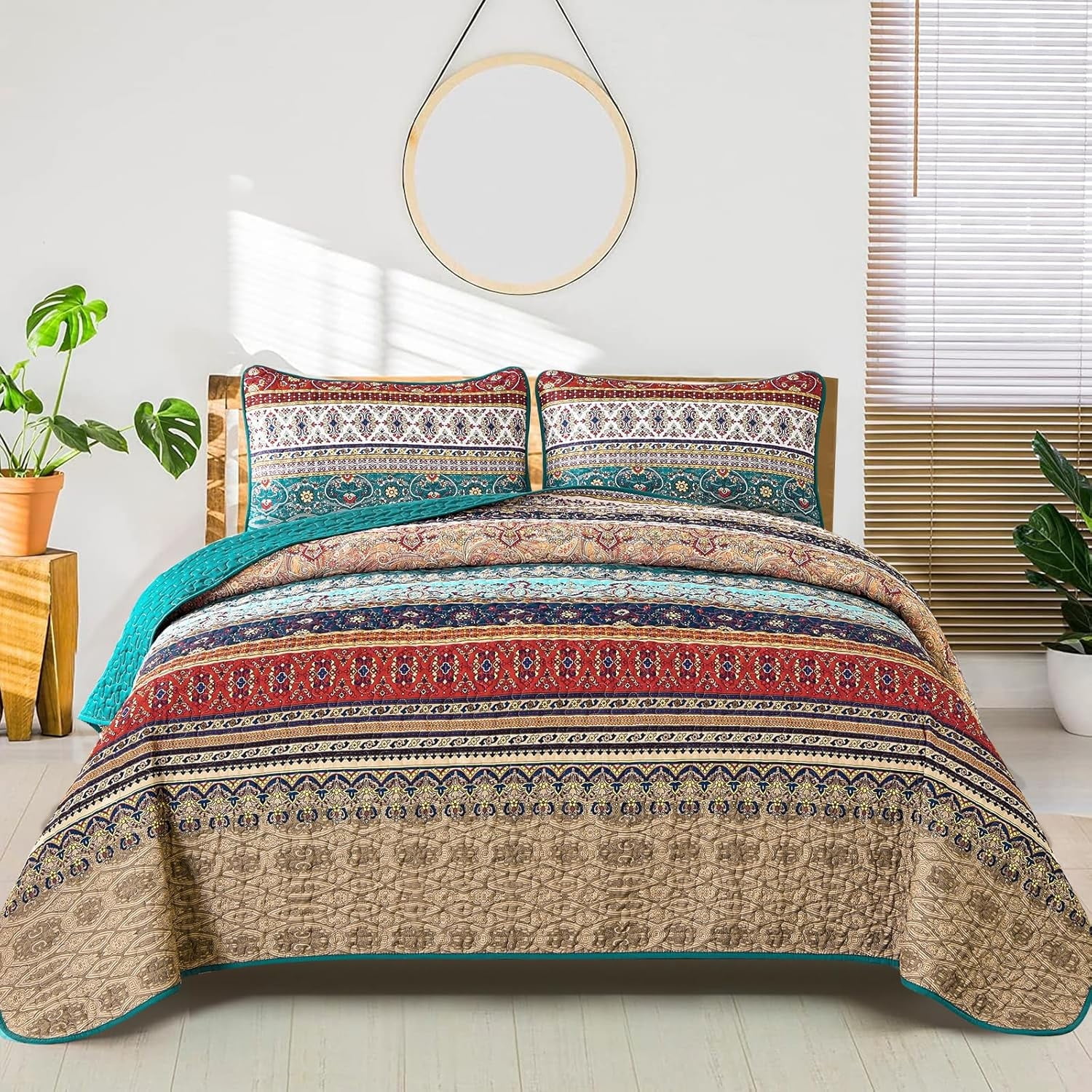 Bohemian Quilt Set Queen Size,3 Pcs Stripe Boho Bedding Set Lightweight ...