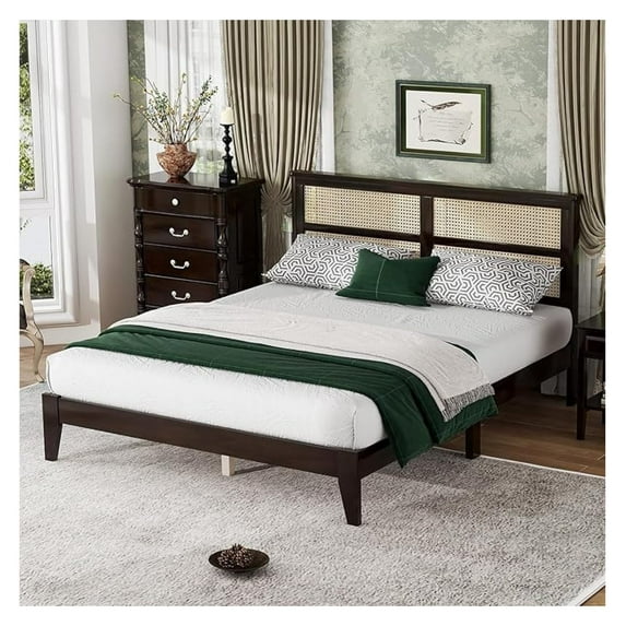 Boho Queen Size Bed Frame with Natural Rattan Headboard, Wooden ...
