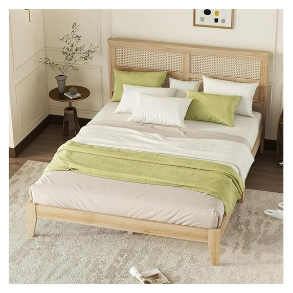 Boho Queen Size Bed Frame with Natural Rattan Headboard, Wooden ...