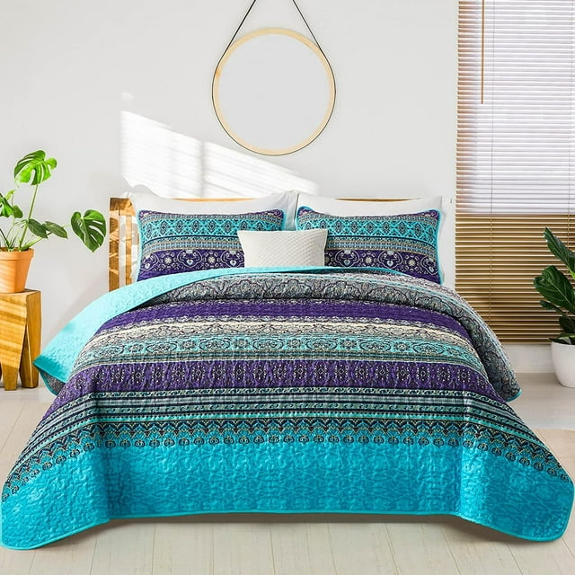Boho Quilt Full Size, Purple Blue Bohemian Lightweight Microfiber ... Boho Quilt Full Size, Purple Blue Bohemian Lightweight Microfiber ...