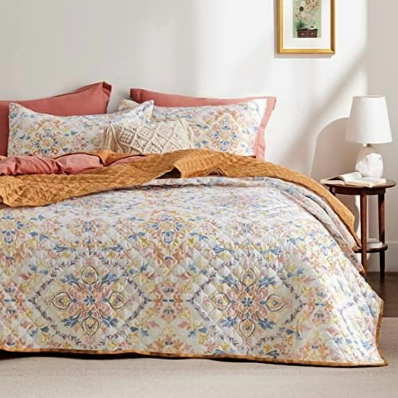 Boho Quilt King - Reversible Orange Bohemian Quilt Bedding Lightweight ...