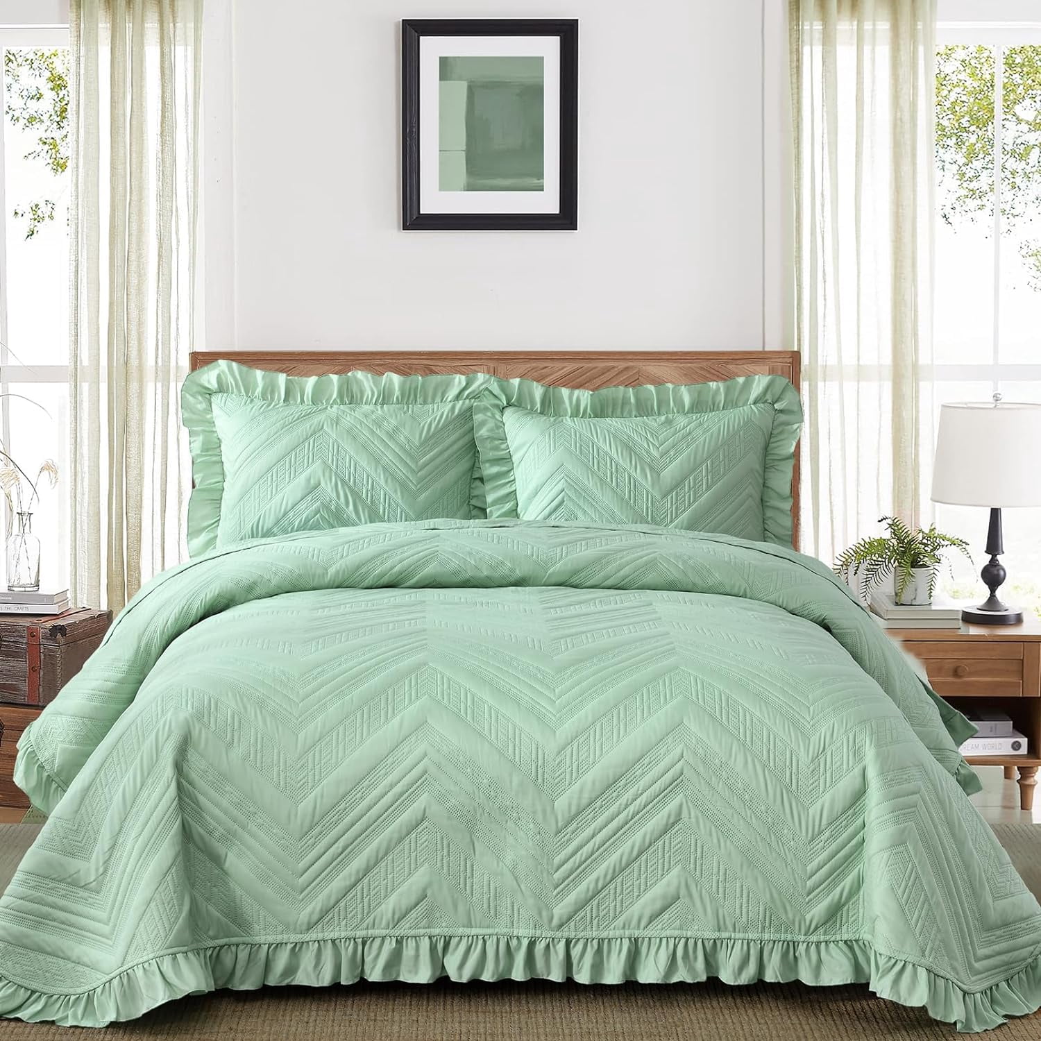 King Quilt Set 3 Pieces, Lightweight Sage Green Ruffled King Quilt ...