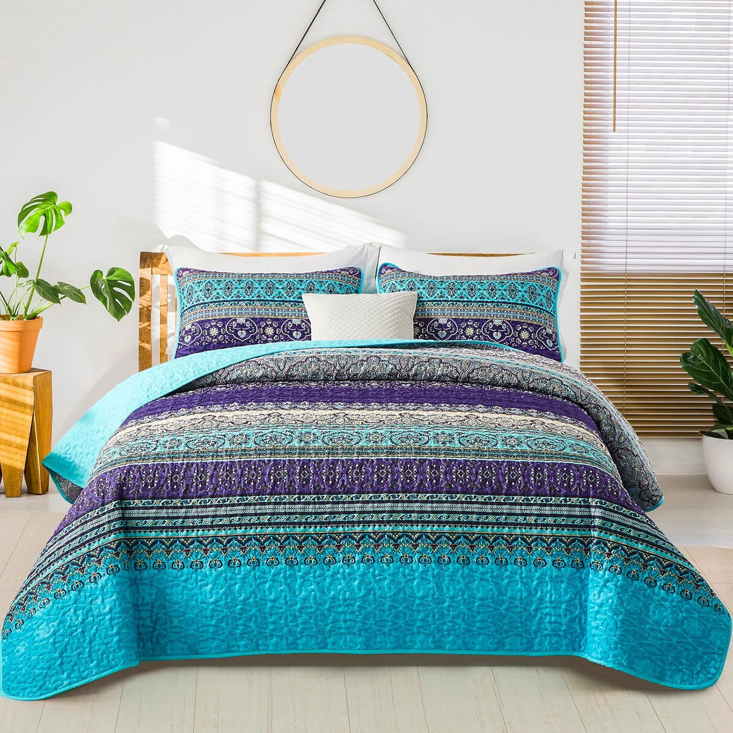 Boho Quilt Queen Size Purple Blue Bohemian Lightweight Microfiber Bed ...