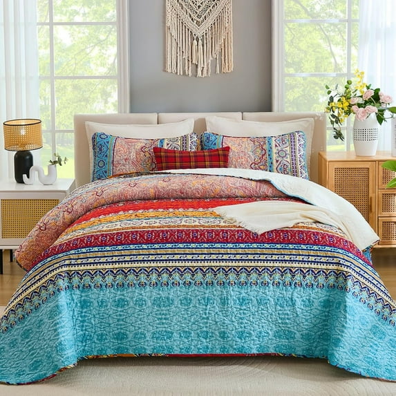 Boho Quilt Set Full Size, Bohemian Orange and Blue Stripe 3 Pieces ...