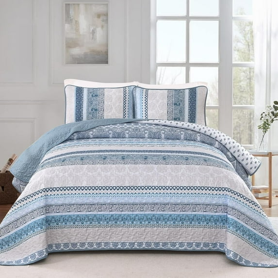 Boho Quilt Set King Size, Blue Bohemian 3 Pieces Quilt Sets ...