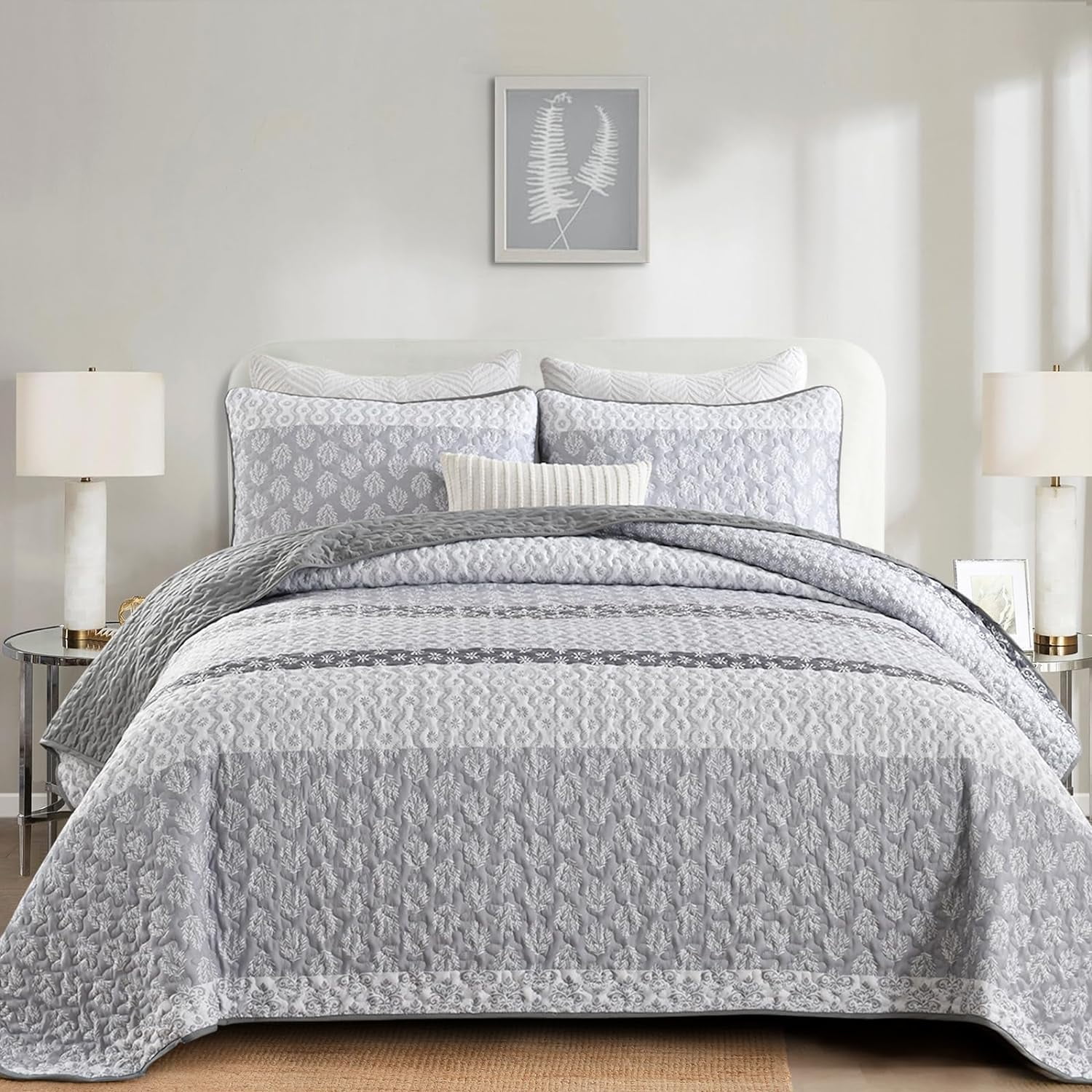 Boho Quilt Set King Size Gray Farmhouse Quilt Bedding Set Striped ...