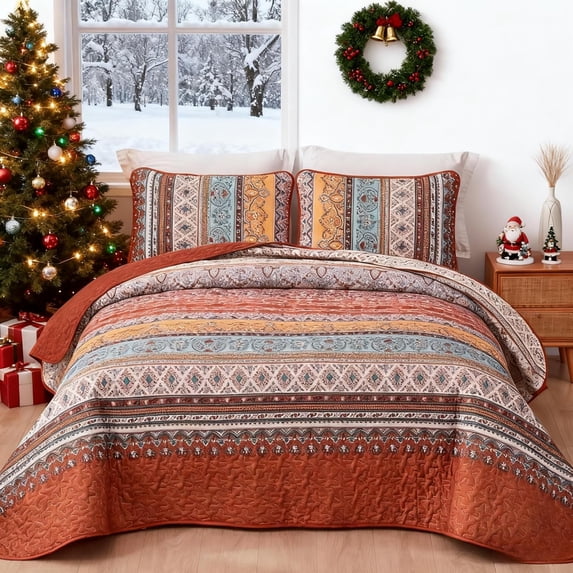 Boho Quilt Set Queen Size Burnt Orange, 3 Pieces Fall Striped Bedspread ...