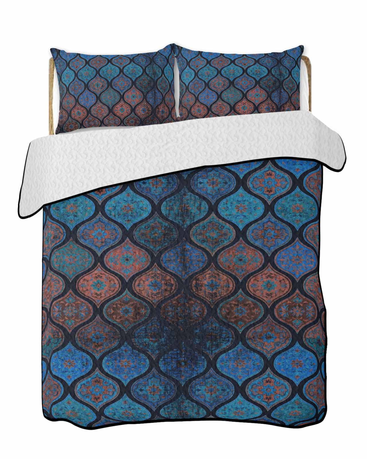 Boho Quilts Bedding Set King Size Moroccan Trellis Blue Red Black ...