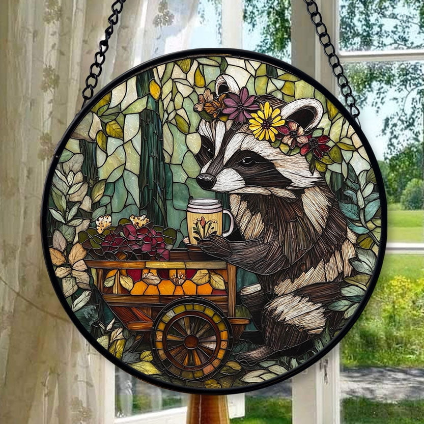 Boho Raccoon Barista Stained Glass Window Hanging Customized Suncatcher ...