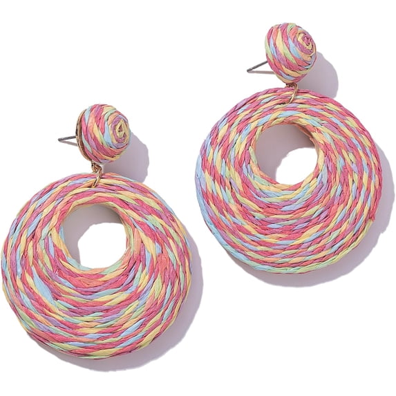Boho Raffia Statement Circle Earrings - Cute Round Dangle Summer ...