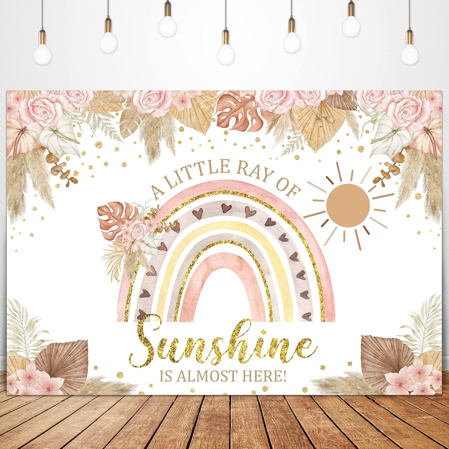 Boho Rainbow Backdrop for Girls A Little Ray of Sunshine Pink Floral Pampas Grass Bohemian ...