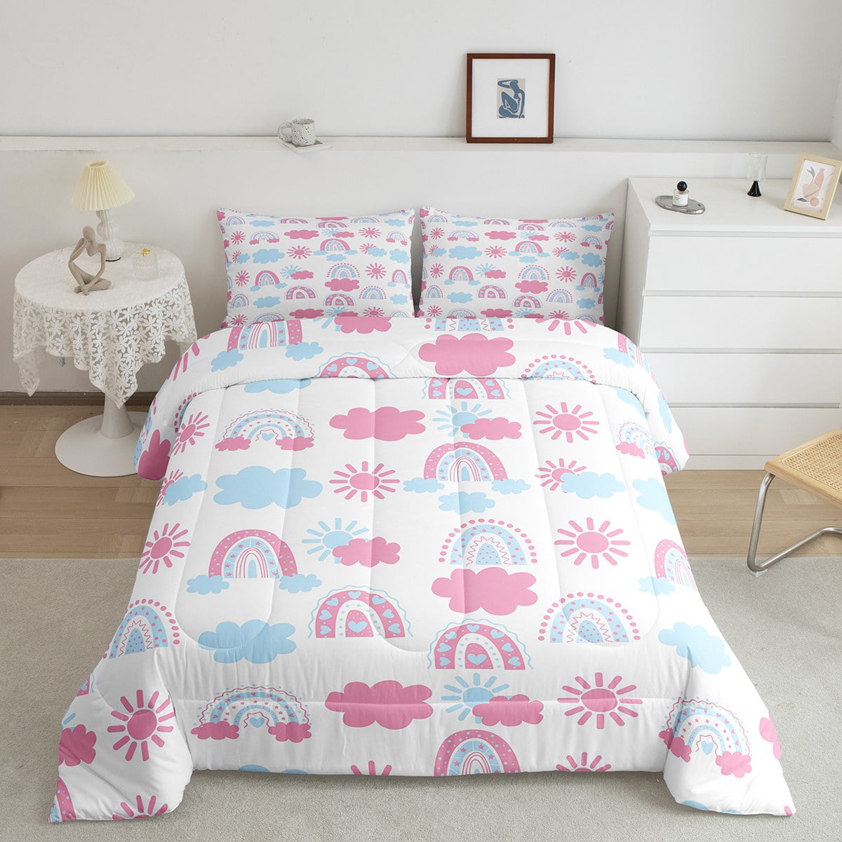 Boho Rainbow Bedding Kawaii Pink Sun Clouds Rainbow Twin Bed Comforter Set Cartoon Love Heart