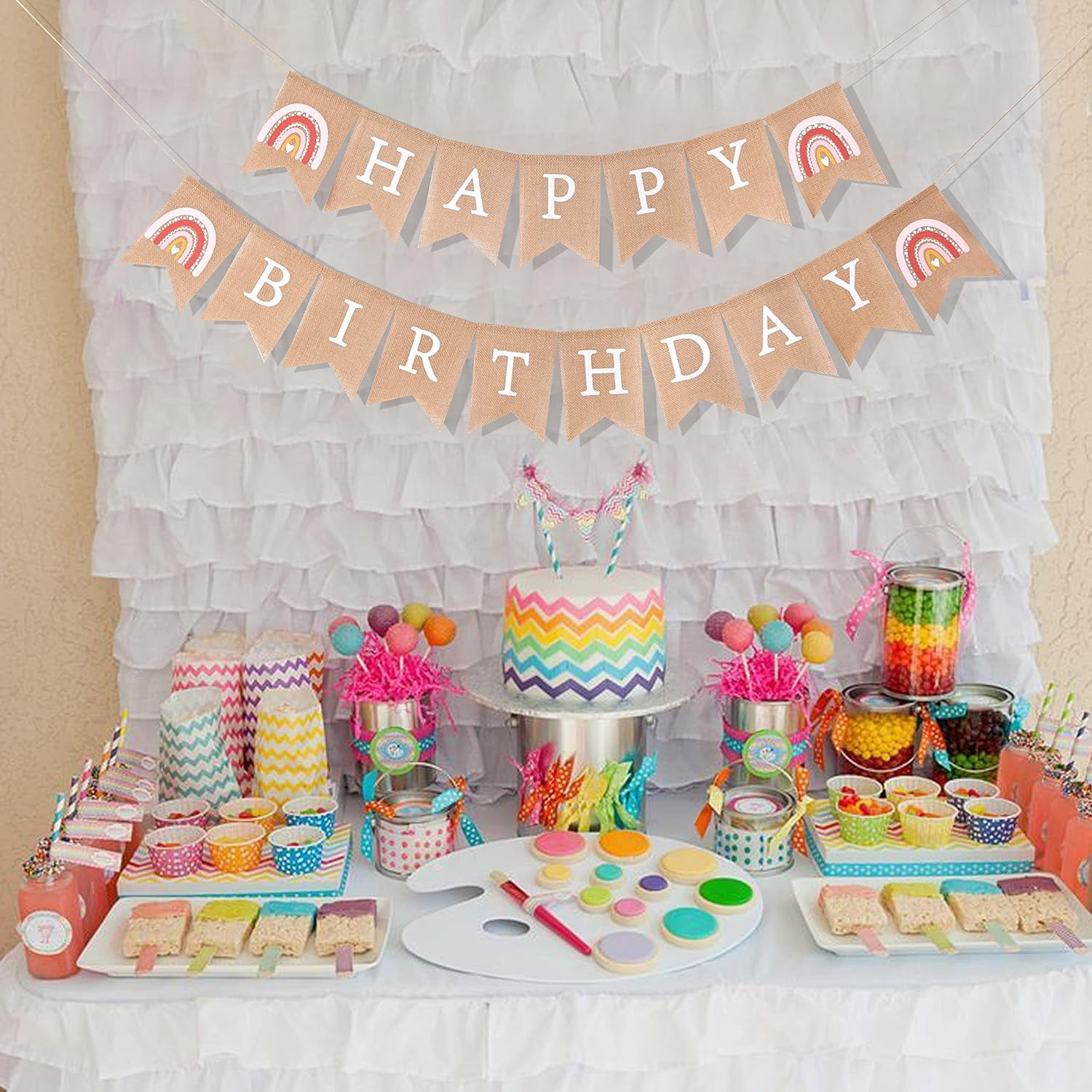 Boho Rainbow Birthday Burlap Banner - Happy Birthday Banner, 1St ...