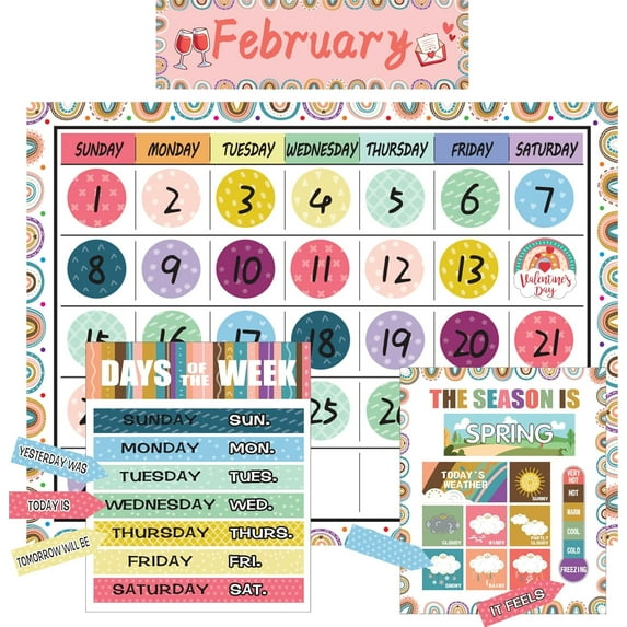 Boho Rainbow Calendar Bulletin Board Set Calendar Seasons Weather Chart ...