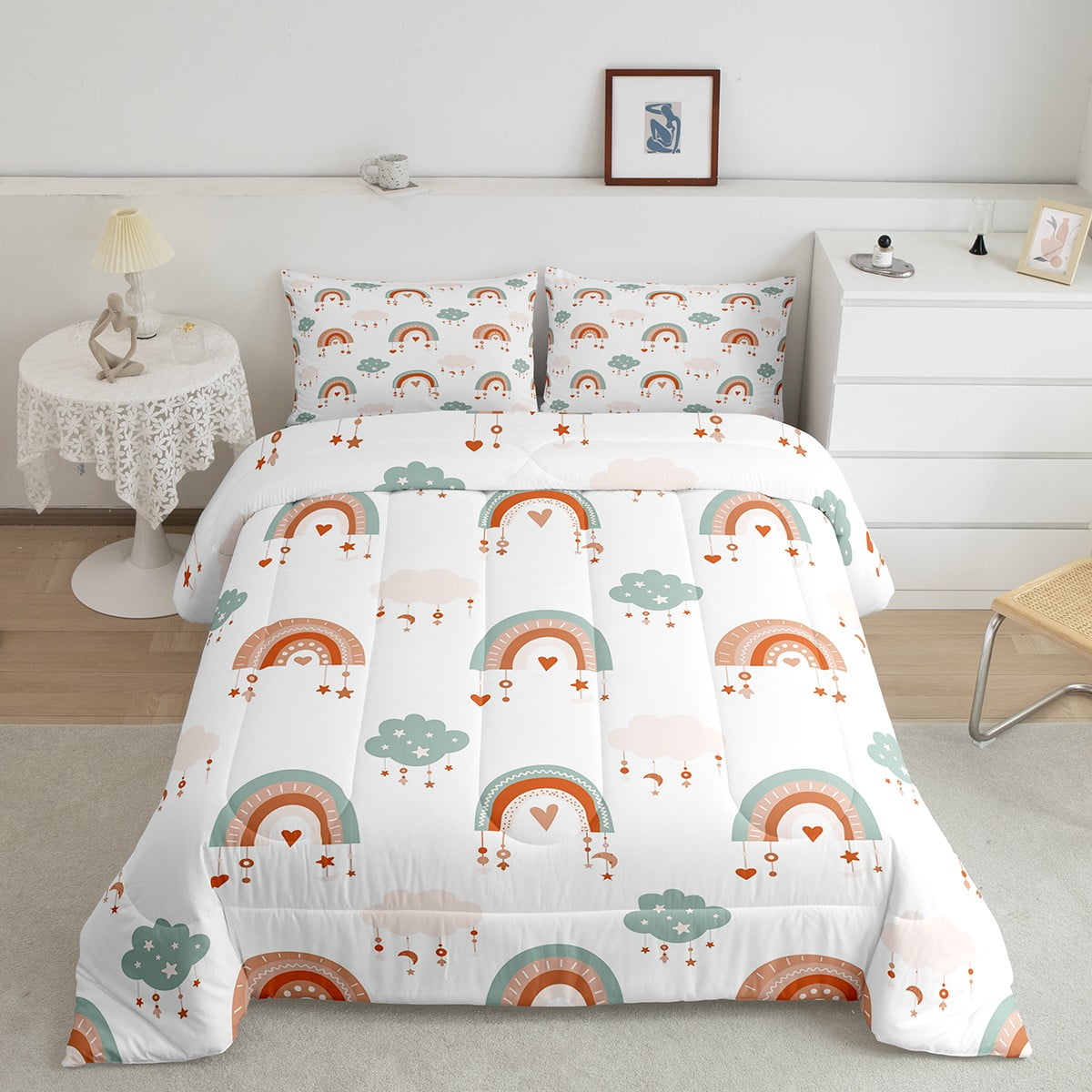 Boho Rainbow Comforter Set Queen Nursery Kawaii Room Decor, Cute Clouds ...