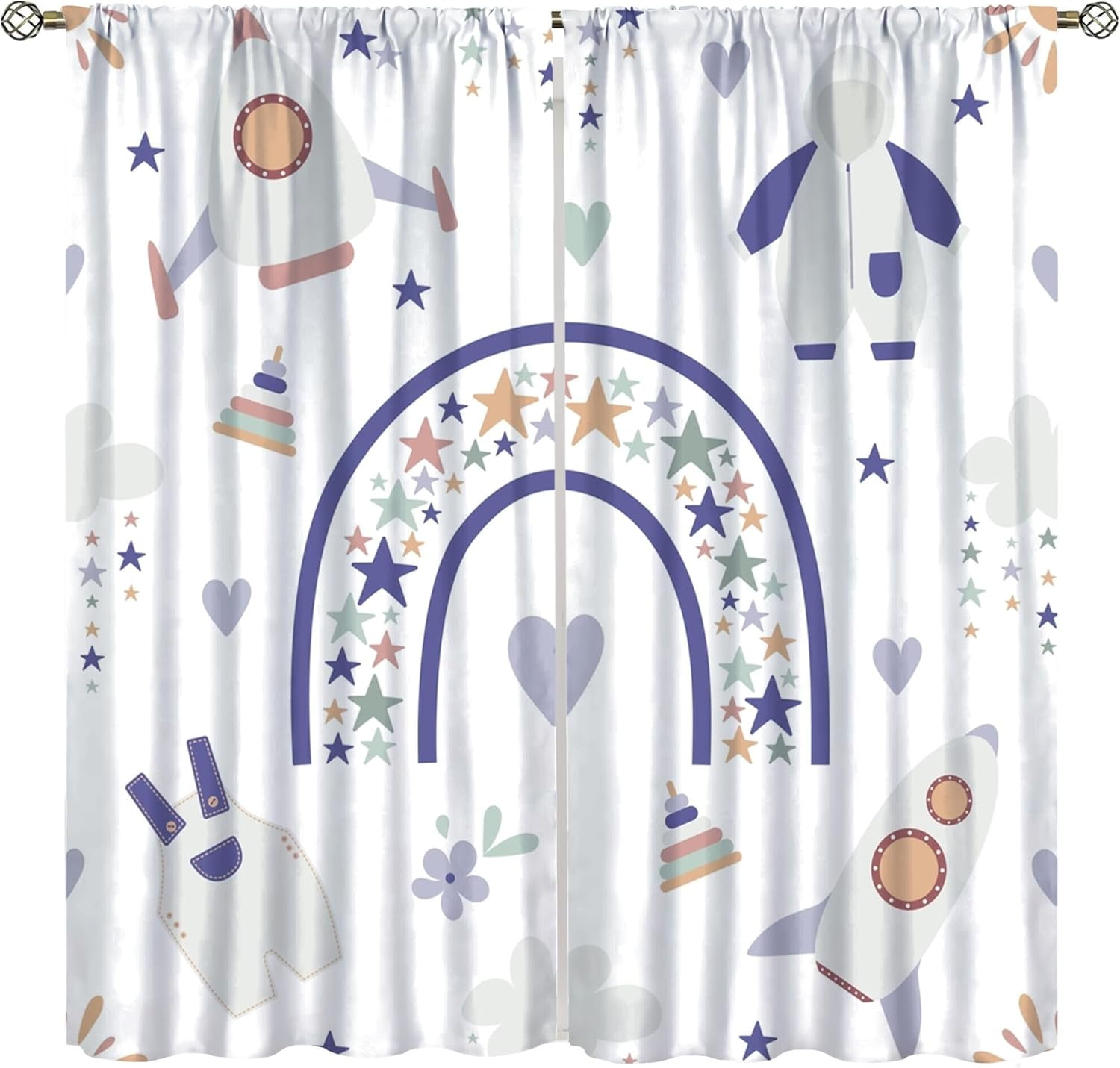 Boho Rainbow Curtains, Cute Cartoon Blue Rainbow Star Rocket Prints ...