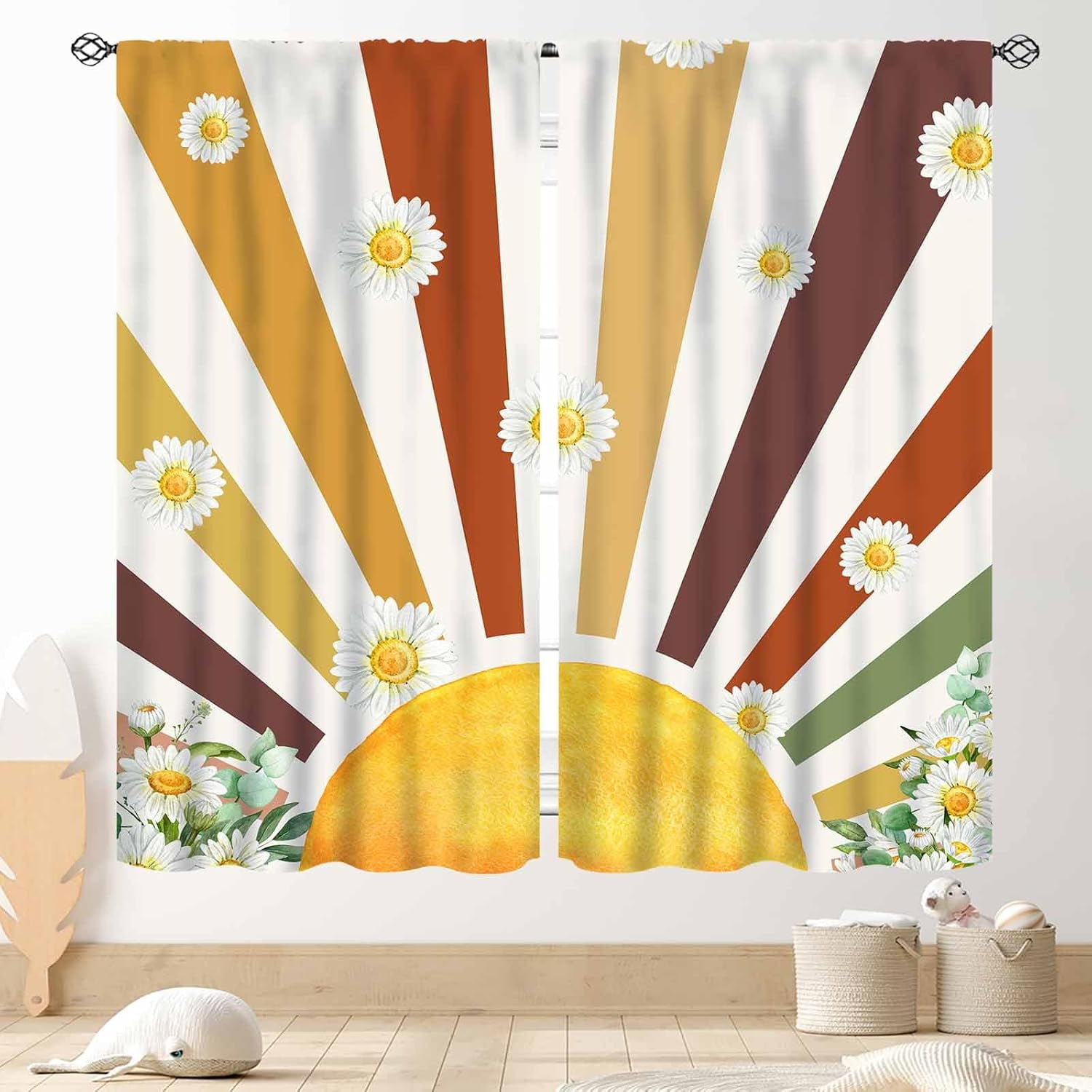 Boho Rainbow Curtains, Watercolor Bohemian Modern Abstract Daisy Floral ...