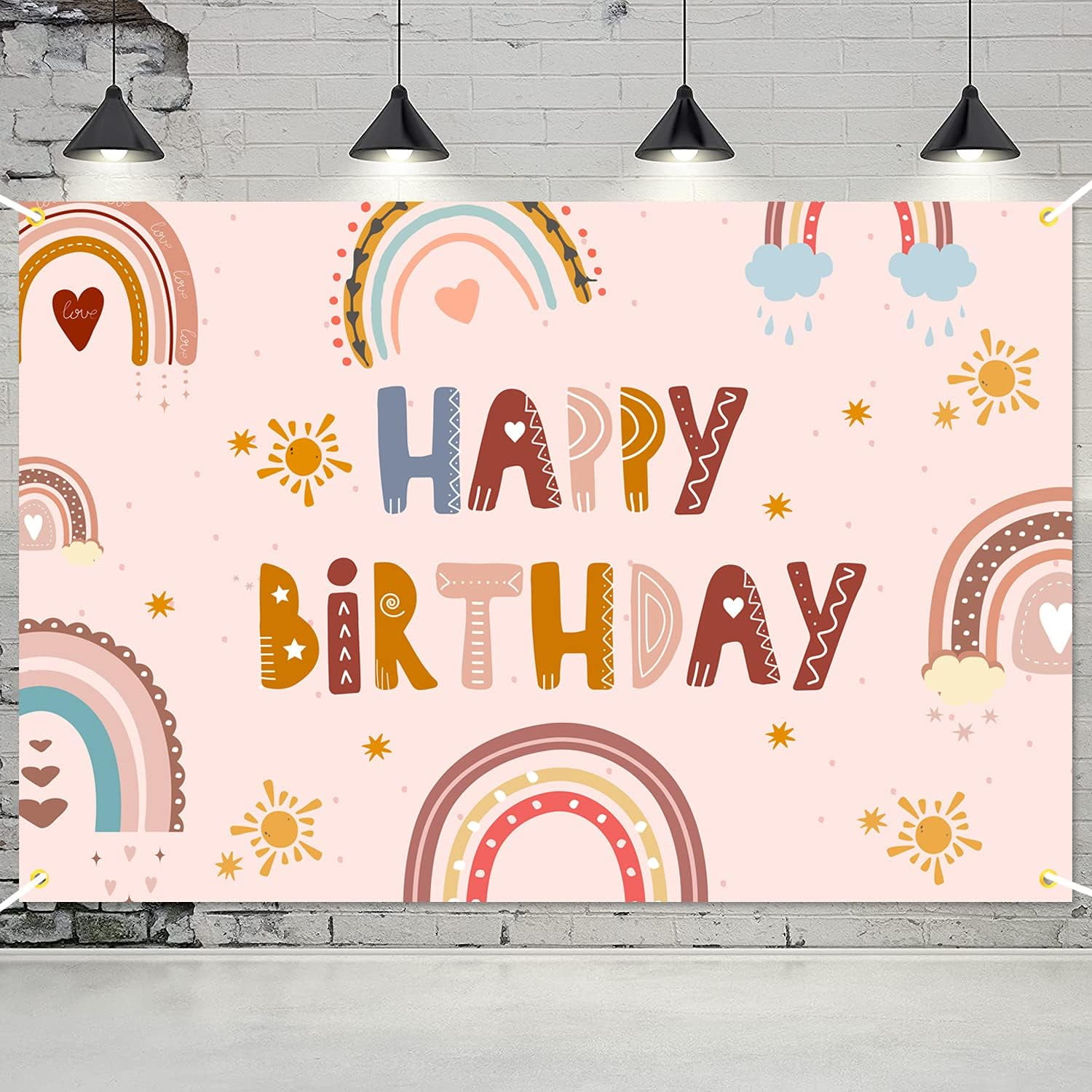Boho Rainbow Happy Birthday Backdrop Banner Pink Bohemian Sunshine ...