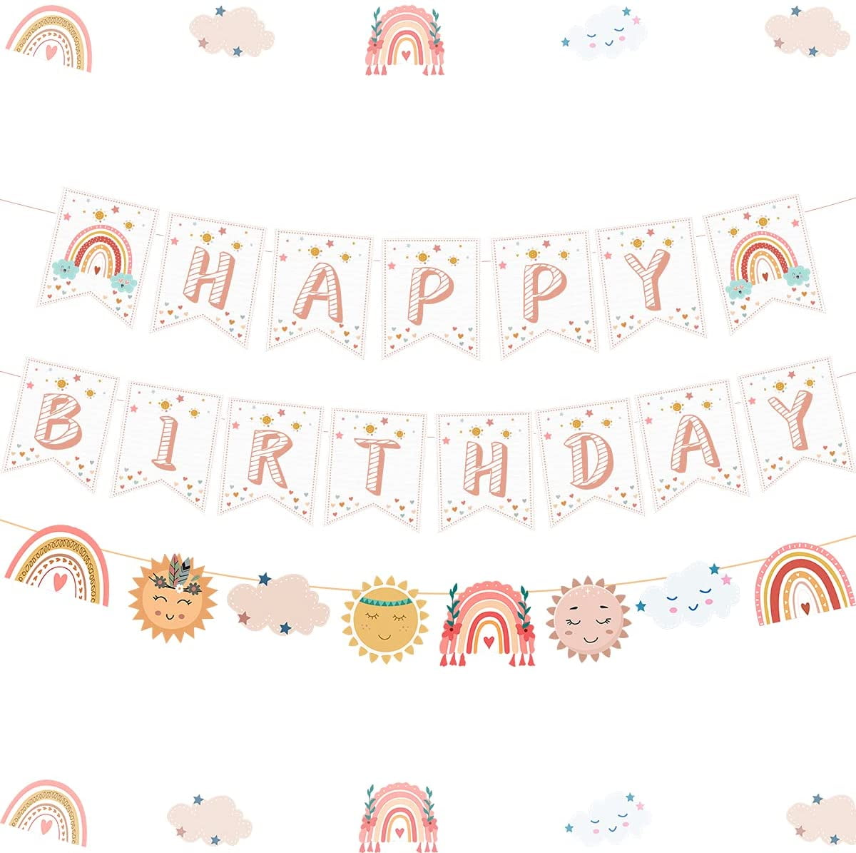 Boho Rainbow Happy Birthday Banner Bohemian Sun Cloud Garland for Girls ...