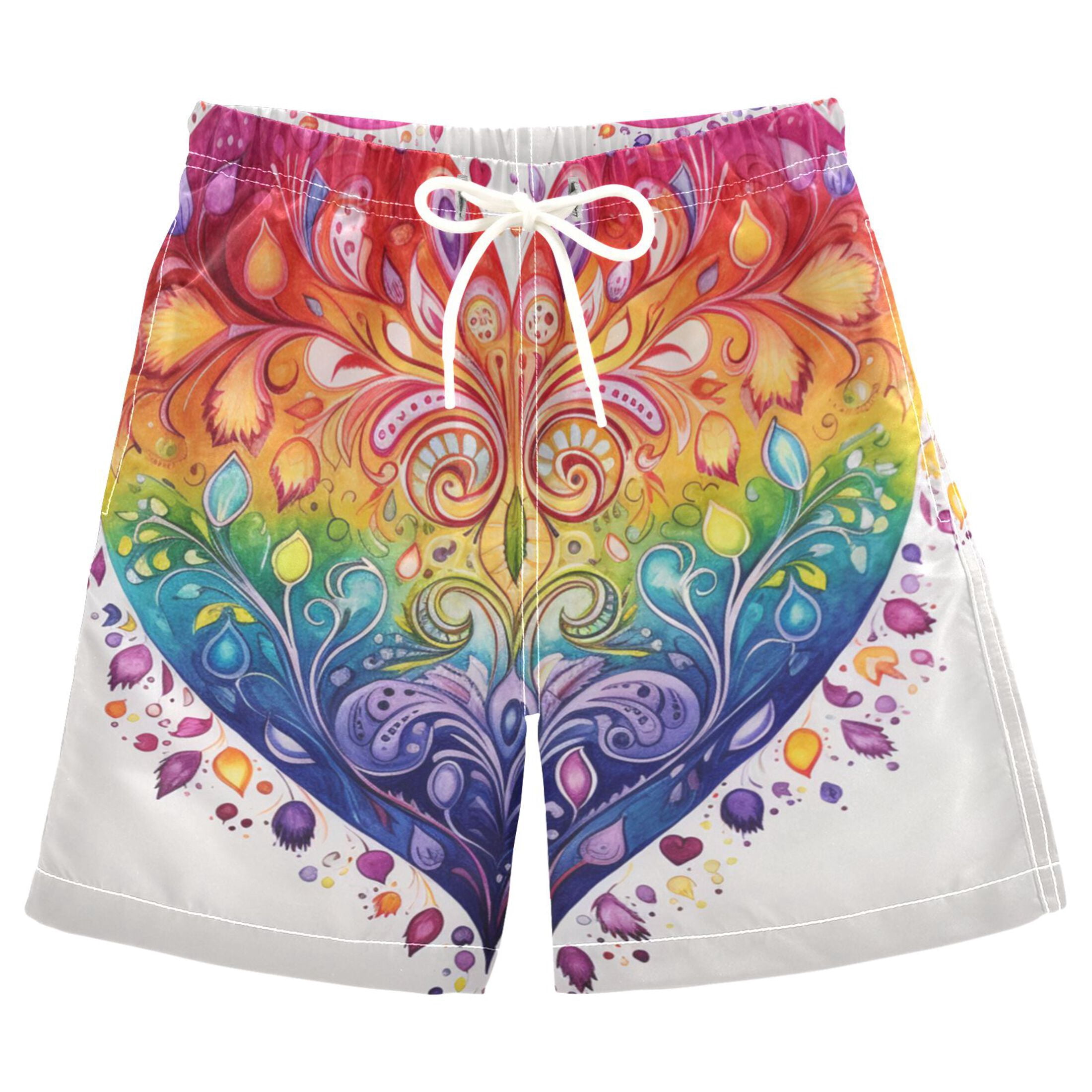 Boho Rainbow Heart Pattern Boys' Beach Pants Board Shorts Swim Trunks ...