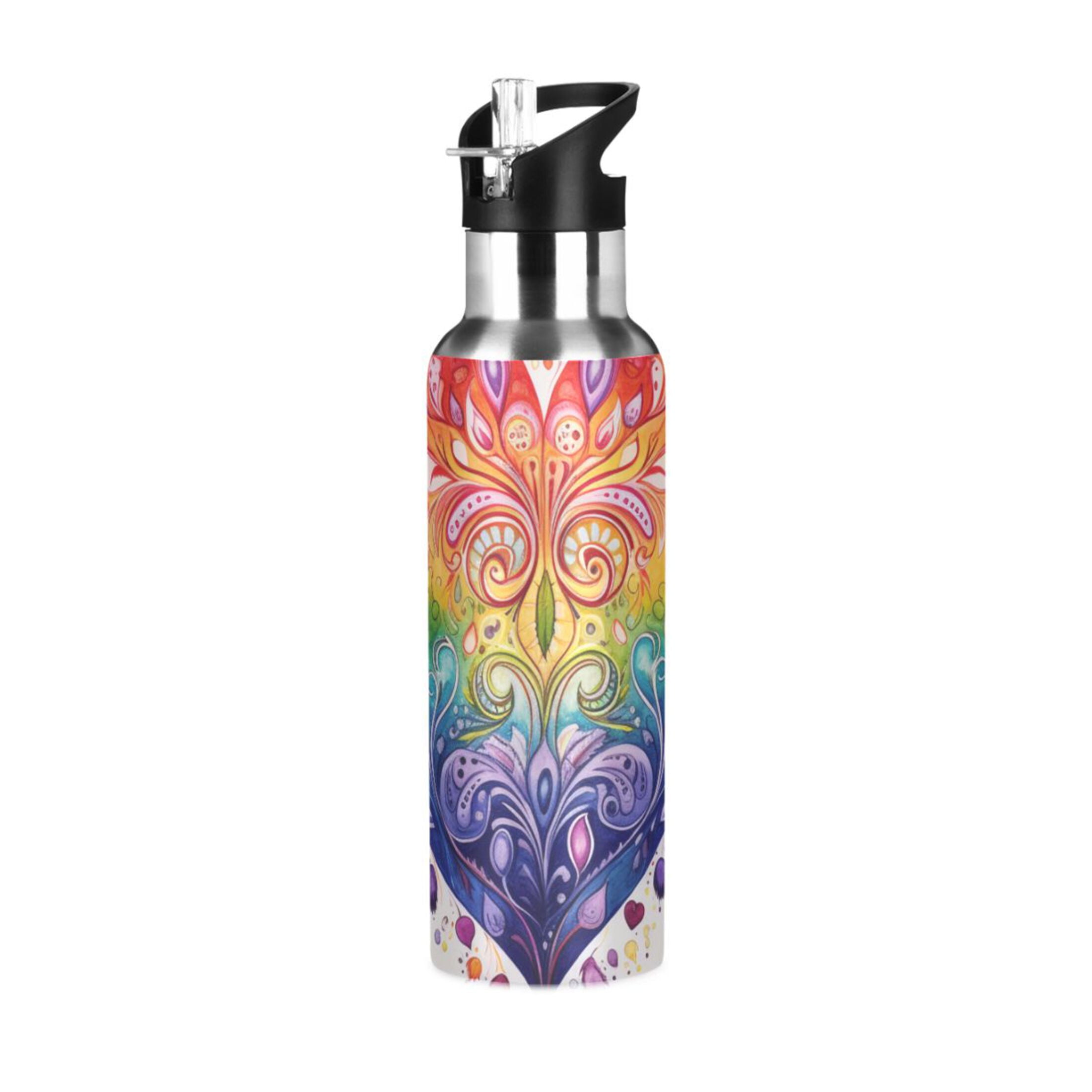 Boho Rainbow Heart Pattern Sports Bottle with Straw Stainless Steel ...