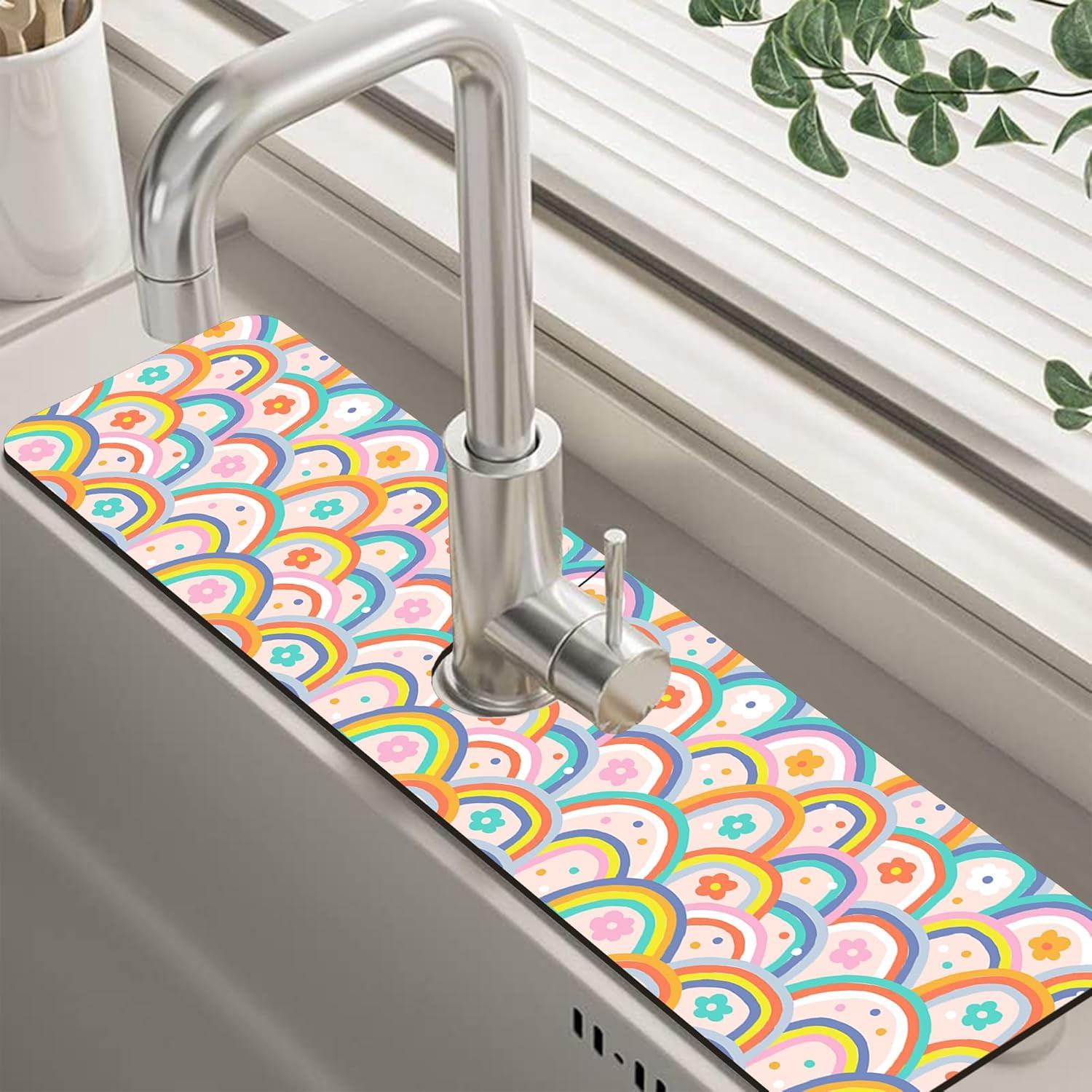 Boho Rainbow Hippie Floral Kitchen Sink Splash Guard Mat Absorbent Fast ...