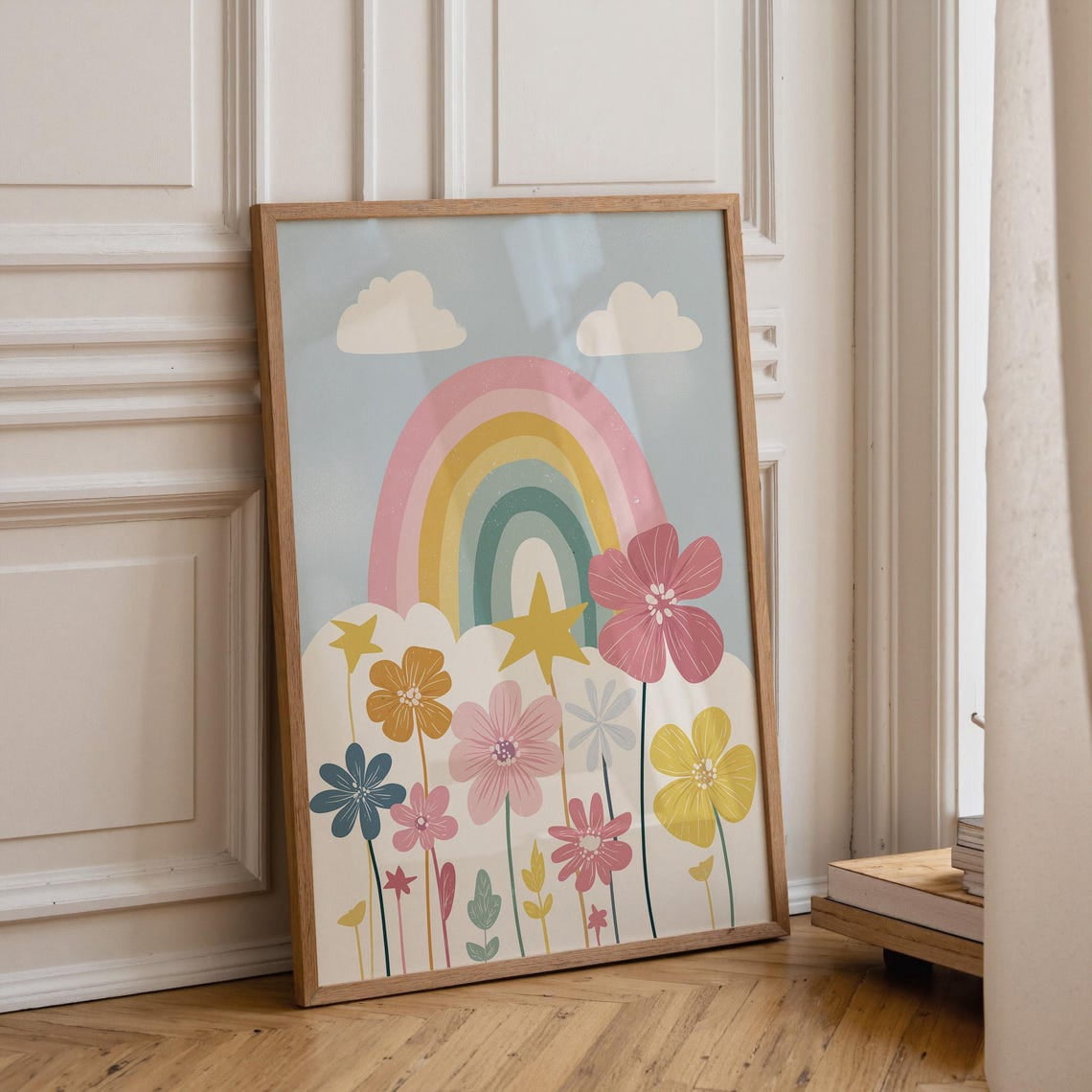 Boho Rainbow Nursery Art Print, Pastel Floral Decor, Unframed Paper ...