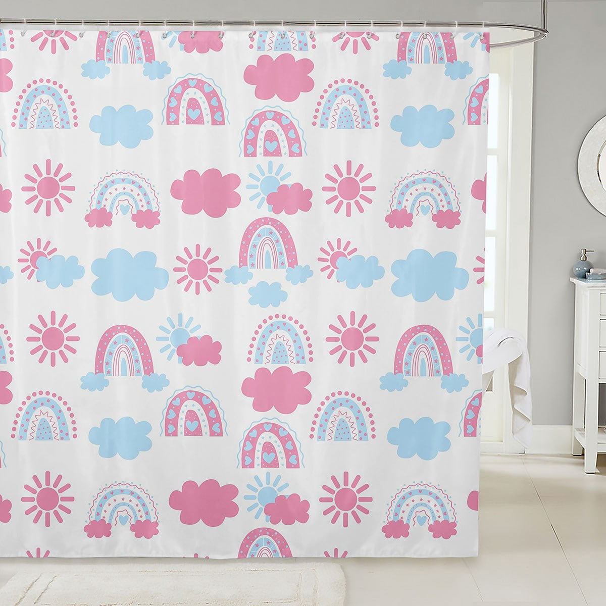Boho Rainbow Shower Curtain Kawaii Pink Sun Clouds Rainbow Fabric ...