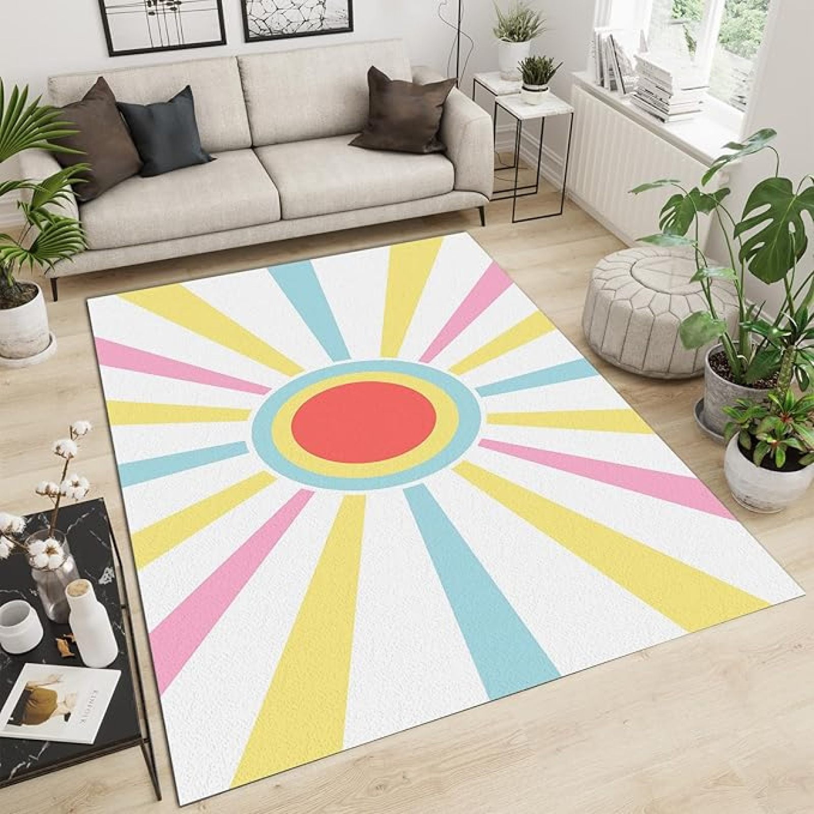 Boho Rainbow Sun Area Rugs, Mid Century Retro Geometry Rays Indoor ...