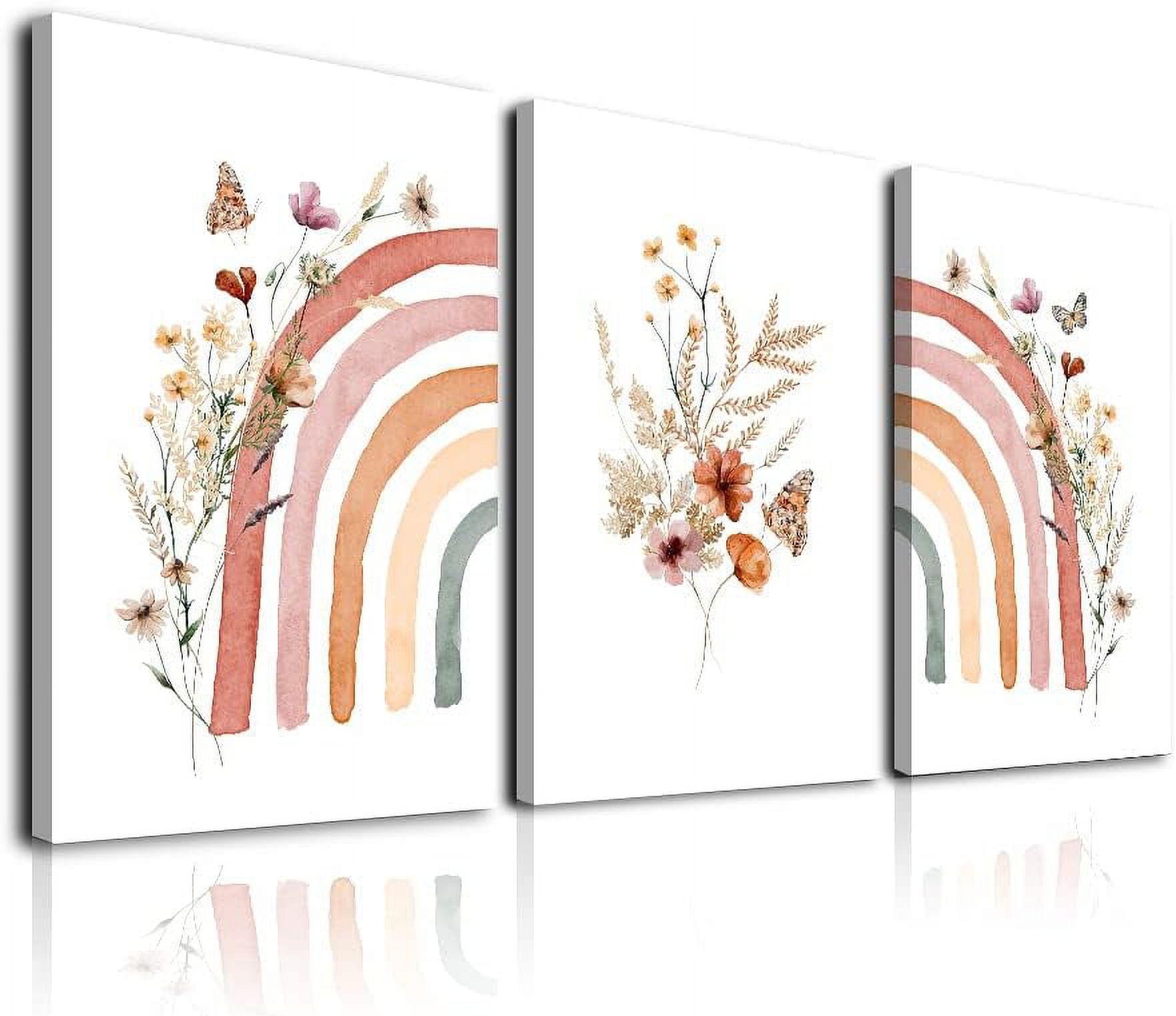 Boho Rainbow Wall Art Prints Set of 3, Cute Wildflowers Rainbow Boho Nursery Wall Decor for ...