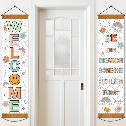 Boho Rainbow Welcome Porch Banner Back to School Hanging Door Banner ...
