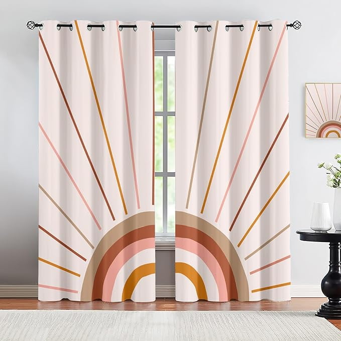 Boho Rainbow Window Curtains, Modern Mid Century Rays Line Black Out ...