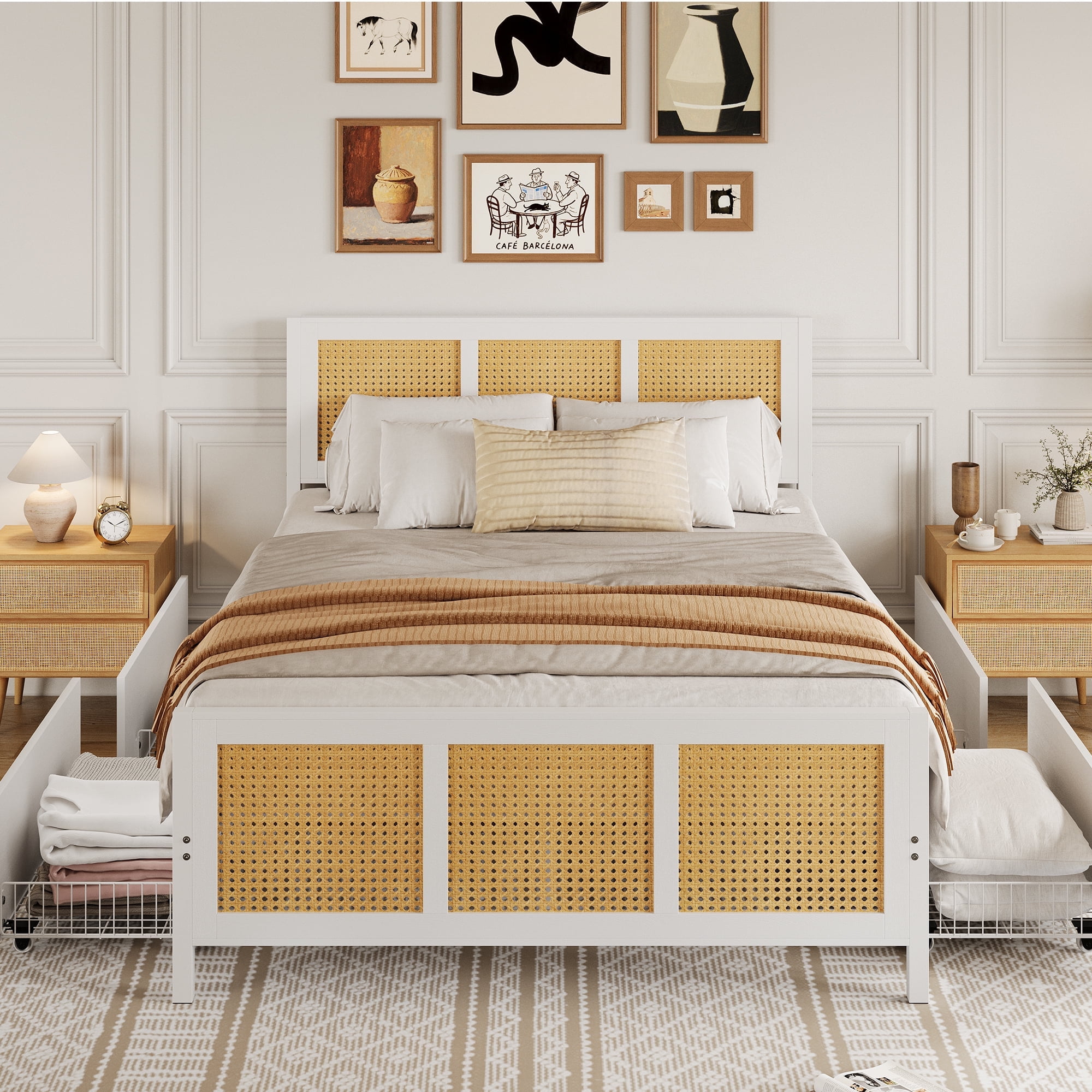 Boho Rattan Bed Frame with 7-Color LED Headboard – Cane Platform, 4 ...