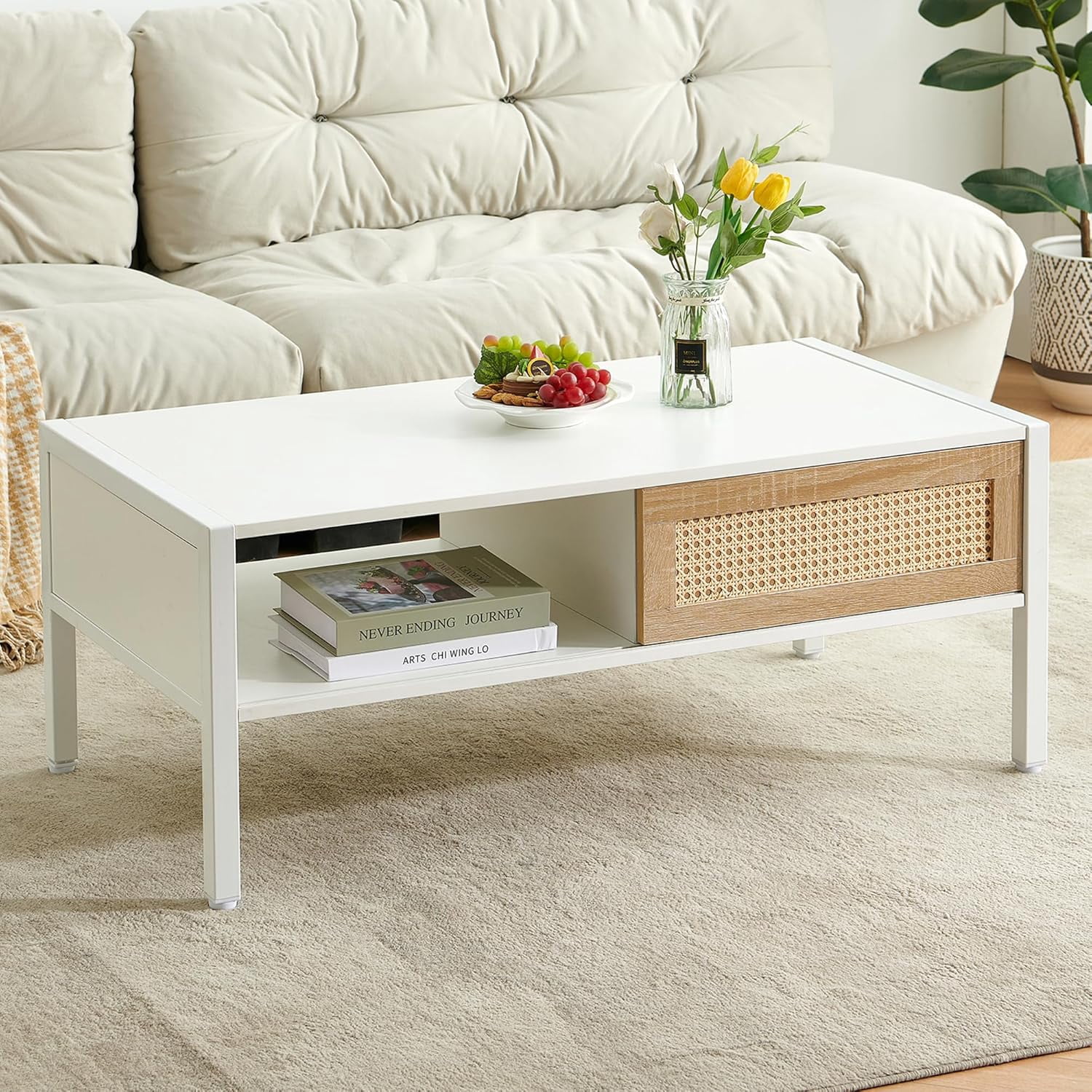 Boho Rattan Coffee Table with Sliding Doors & Metal Legs - Mid-Century ...