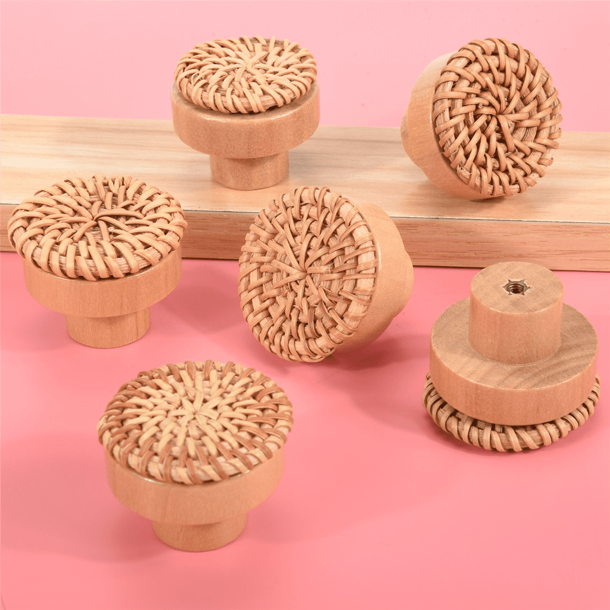 Boho Rattan Dresser Knobs Round Wooden Drawer Knobs Handmade Wicker ...