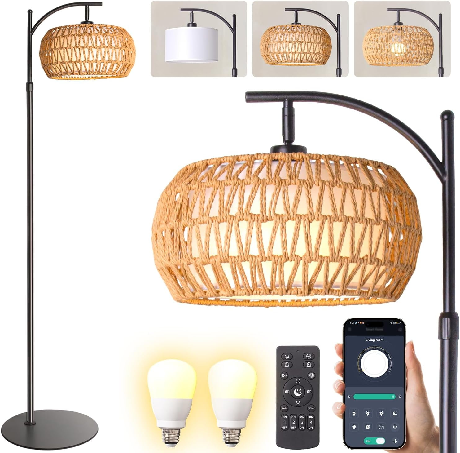 Boho Rattan Floor Lamp with Shade – 12W Bright Dimmable LED Bulb ...