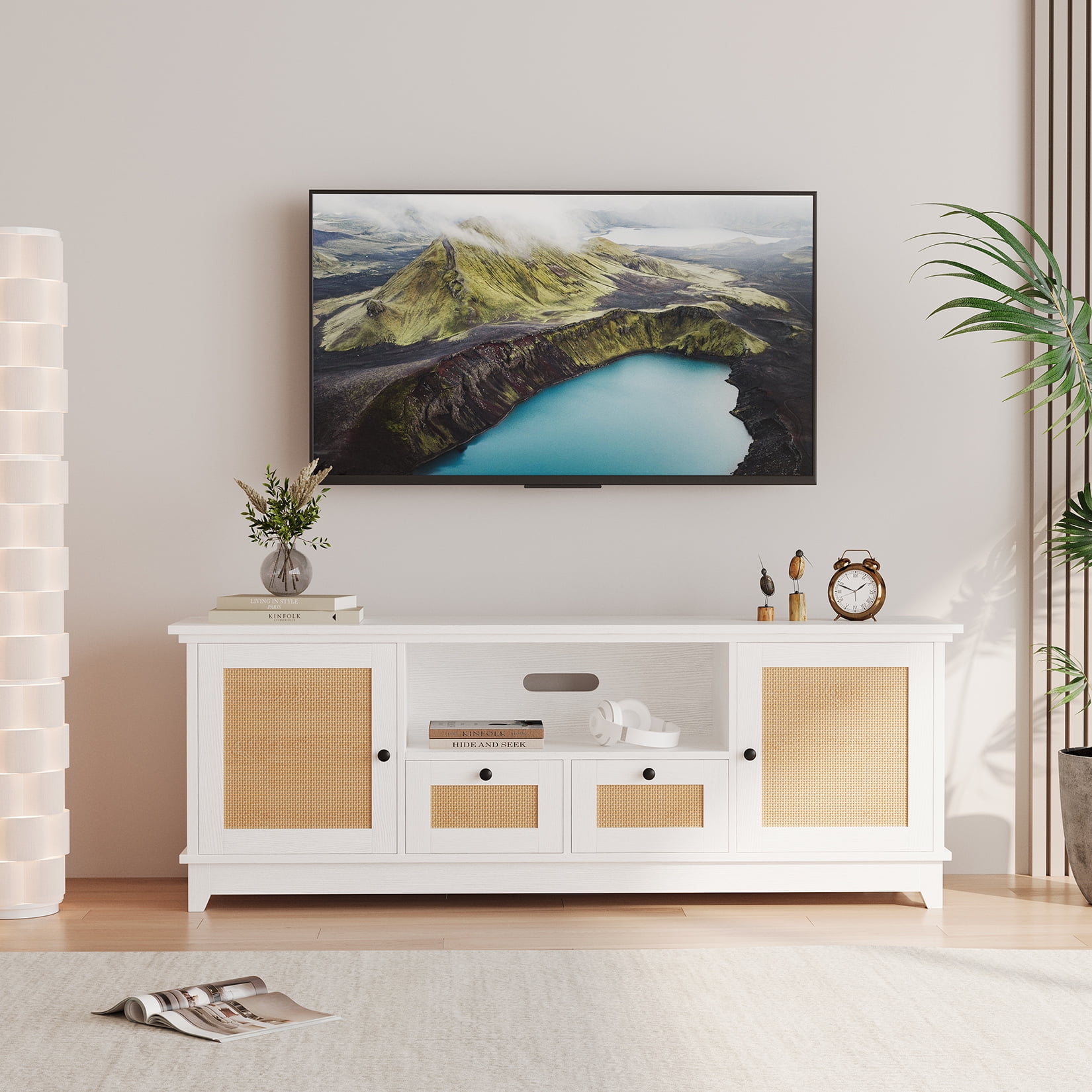 Boho Rattan TV Stand for 65-70 Inch TVs - White Modern Entertainment ...