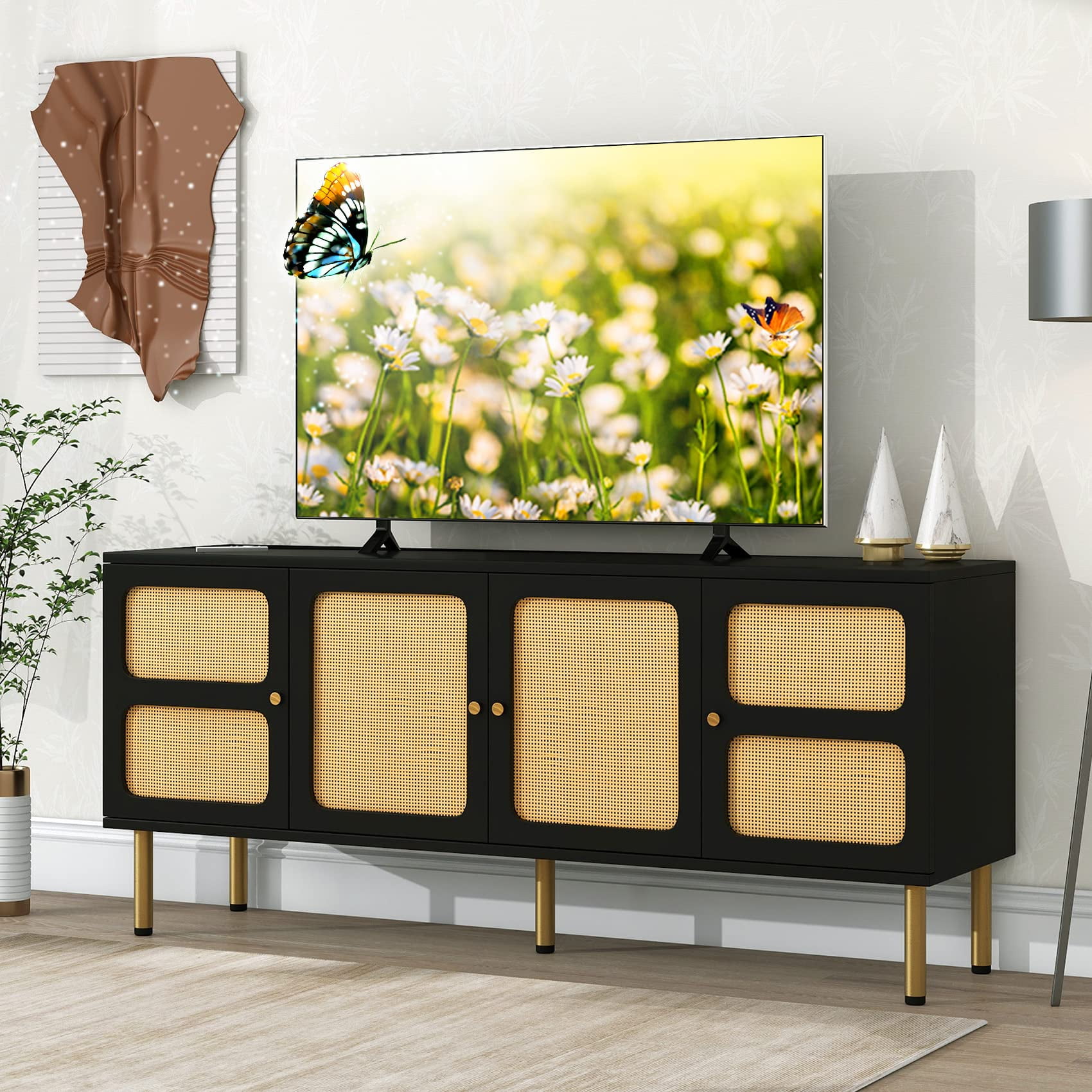 Boho Rattan TV Stand for 70 Inch TV, Boho Entertainment Center with ...