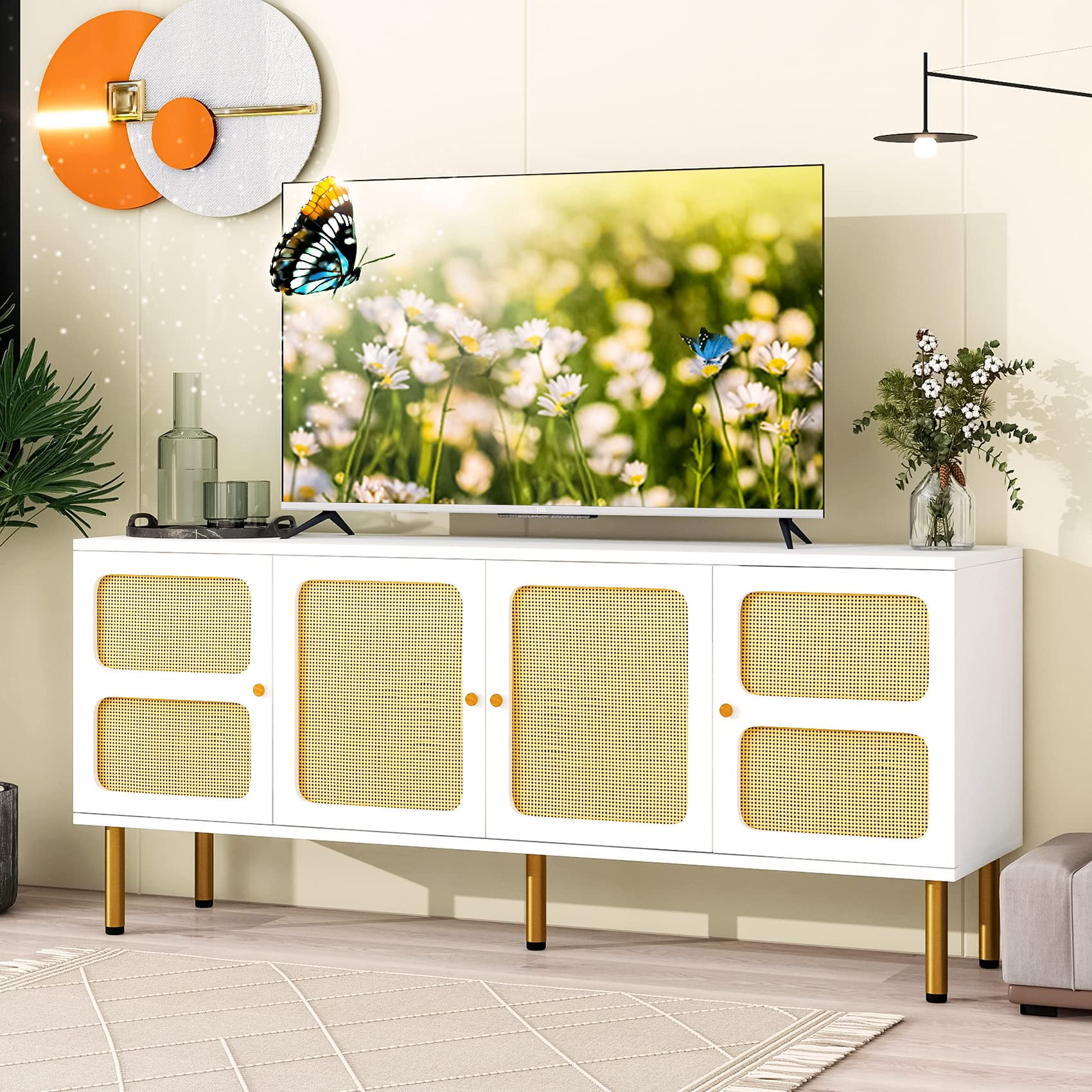 Boho Rattan TV Stand for 70 Inch TV, Boho Entertainment Center with ...