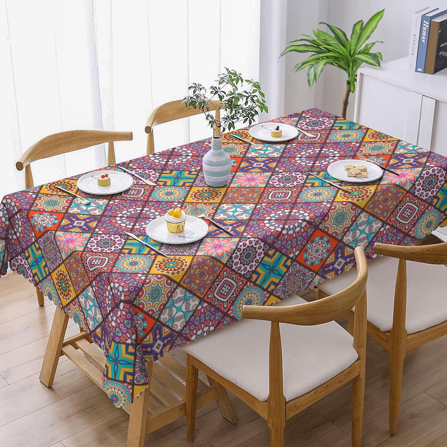 Boho Rectangle Tablecloth Bohemian Floral Table Cloth Washable Holiday ...