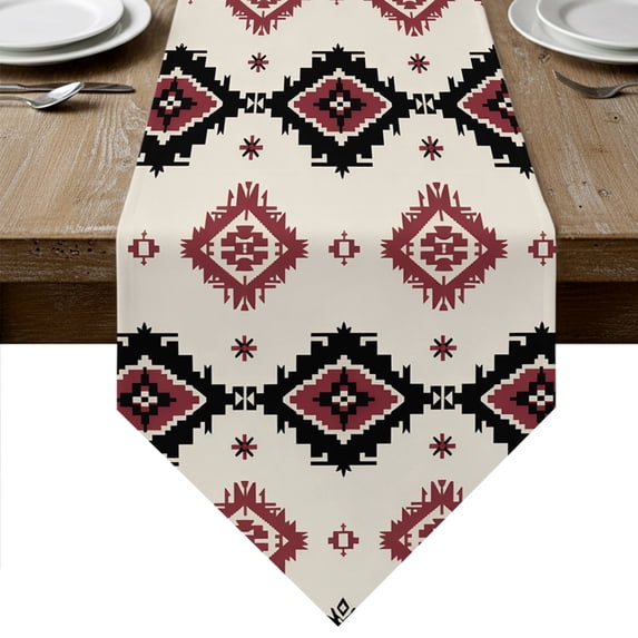 Boho Red Black Table Runner Linen Burlap Table Runner 90 Inches Long ...
