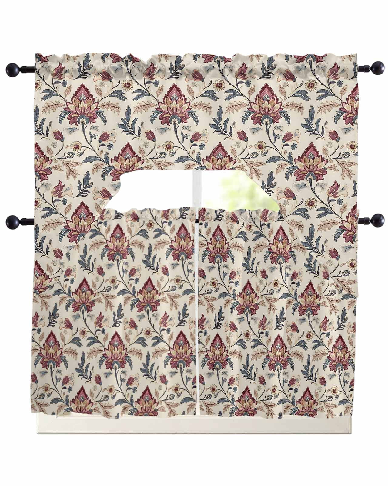 Boho Red Floral Kitchen Curtains Set for Windows 3 Piece Cafe Curtains ...