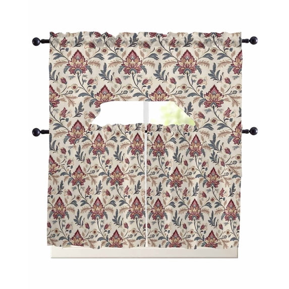Boho Red Floral Kitchen Curtains Set for Windows 3 Piece Cafe Curtains ...