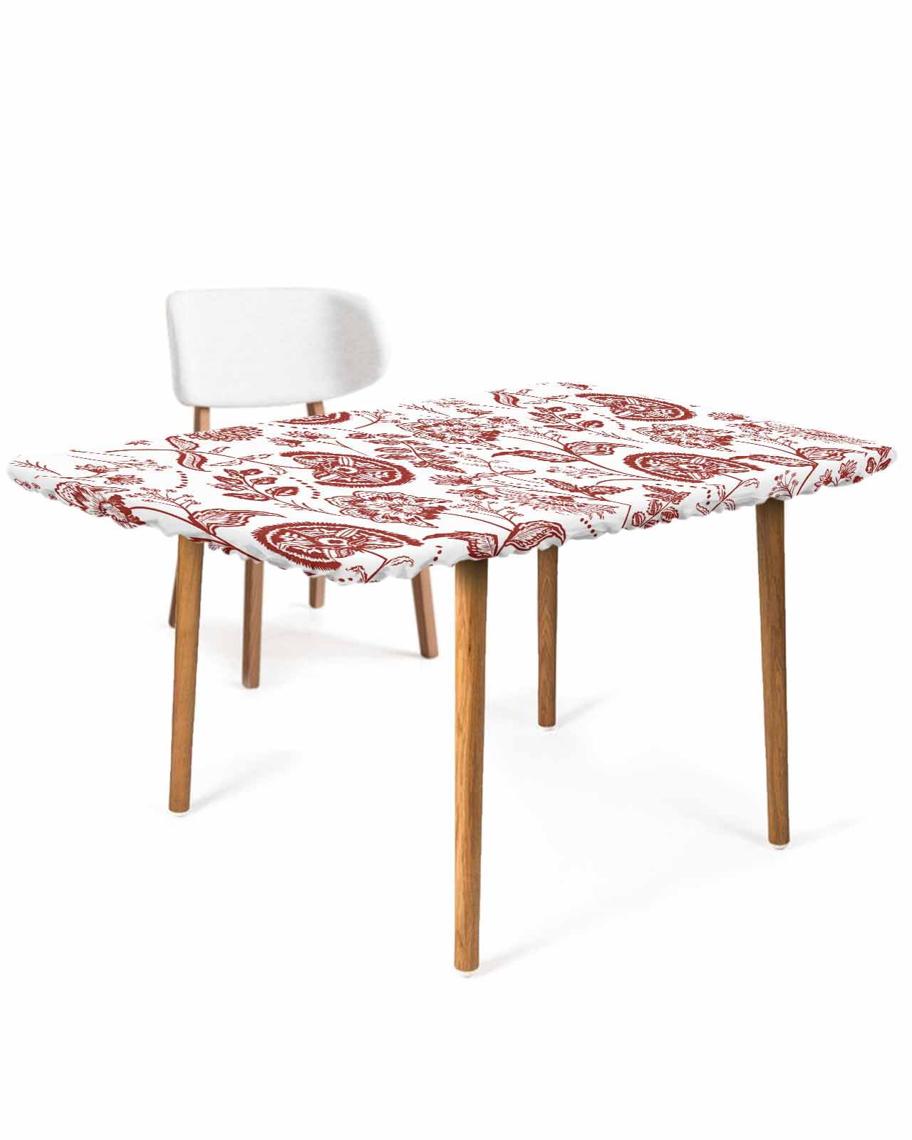 Boho Red Floral Rectangle Tablecloth, Waterproof Elastic Fitted Table ...