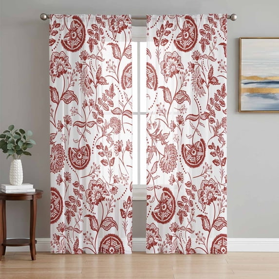 Boho Red Floral Sheer Curtains 96 Inch Length 2 Panels Set, Vintage ...
