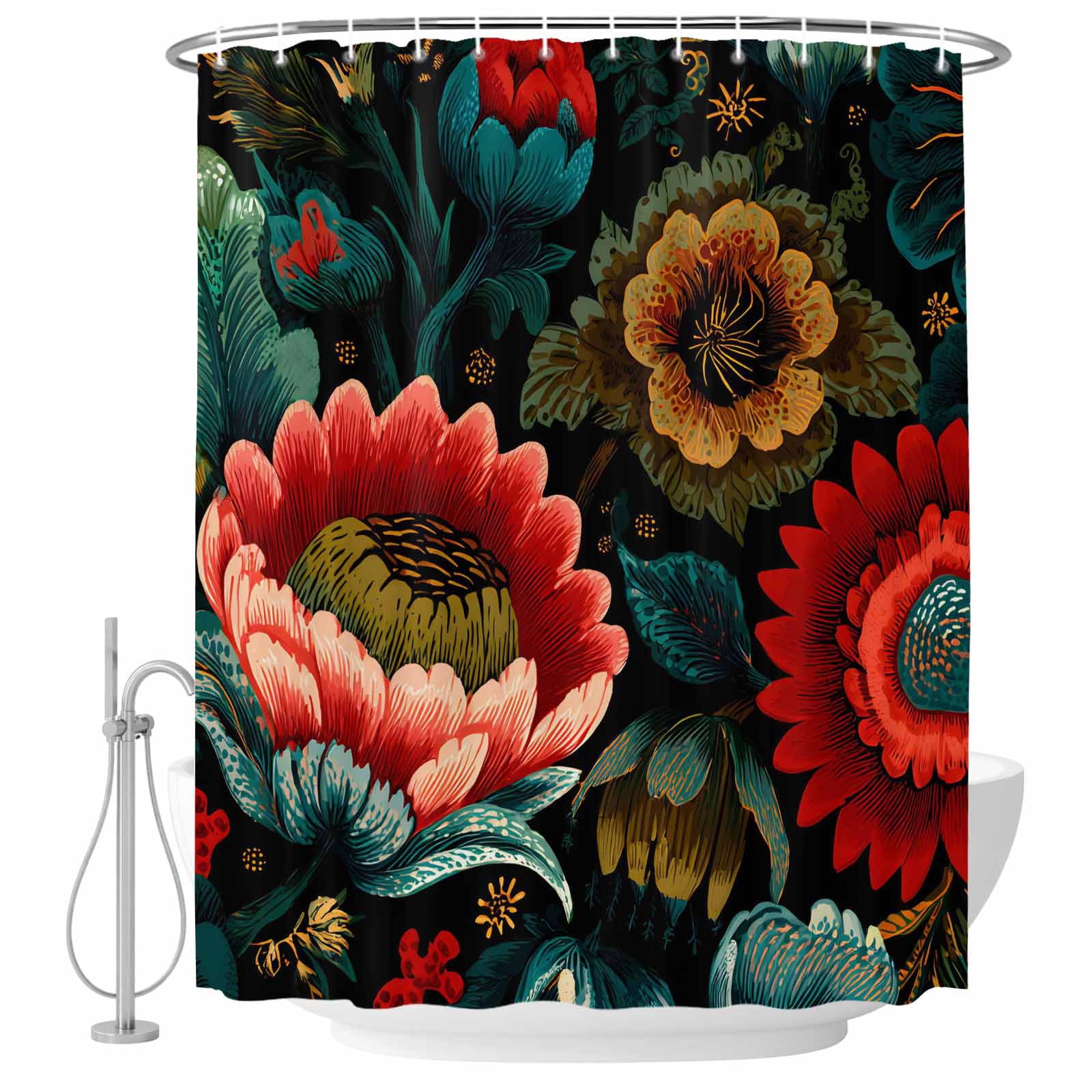 Boho Red Floral Shower Curtain Set - Long 72" x 84" Washable Bathtub ...