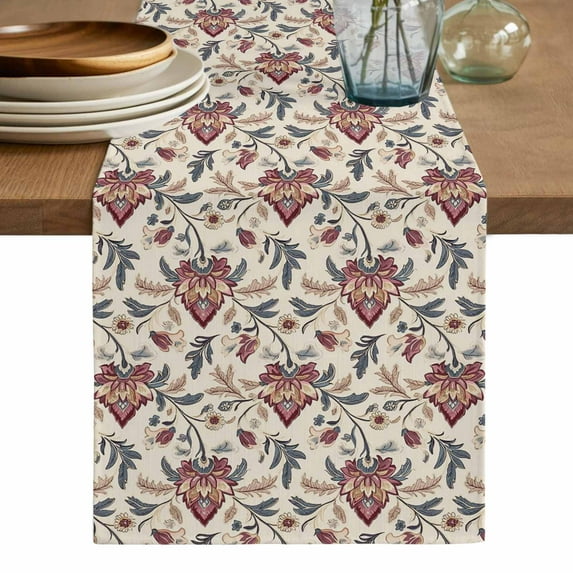 Boho Red Floral Table Runner, Farmhouse Rustic Flower Leaf Plant ...